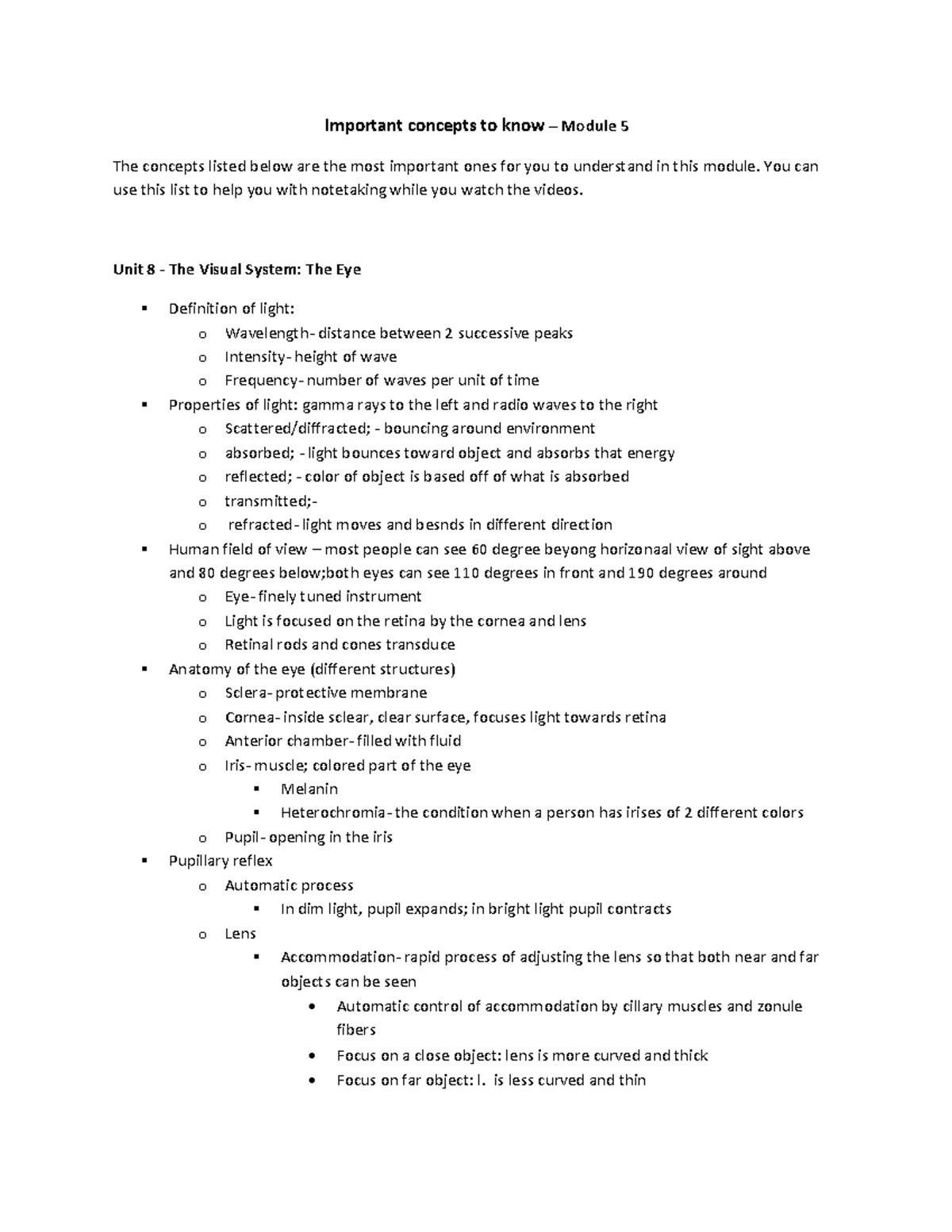 Important concepts of Module 5: The Visual System - Studocu