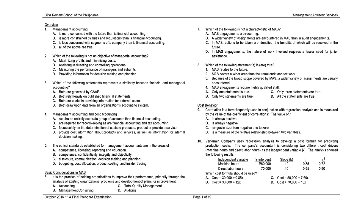 CPAR MAS 2016 October Preboards with Answer Key Review (120) - Studocu