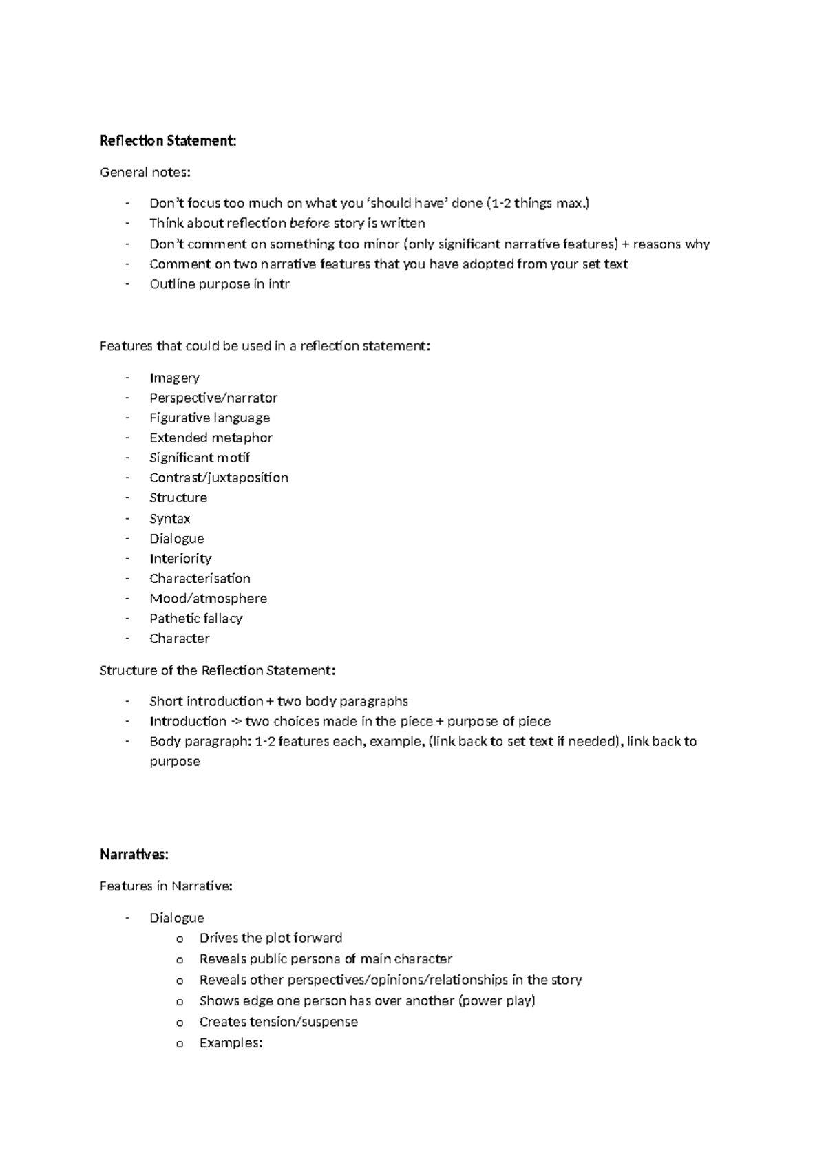 English Notes Final: Reflection Statement Techniques and Features - Studocu