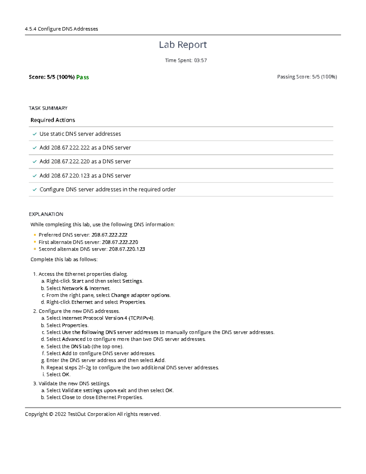 Lab Report: 4.5.4 Configuring DNS Addresses with Steps and Score - Studocu