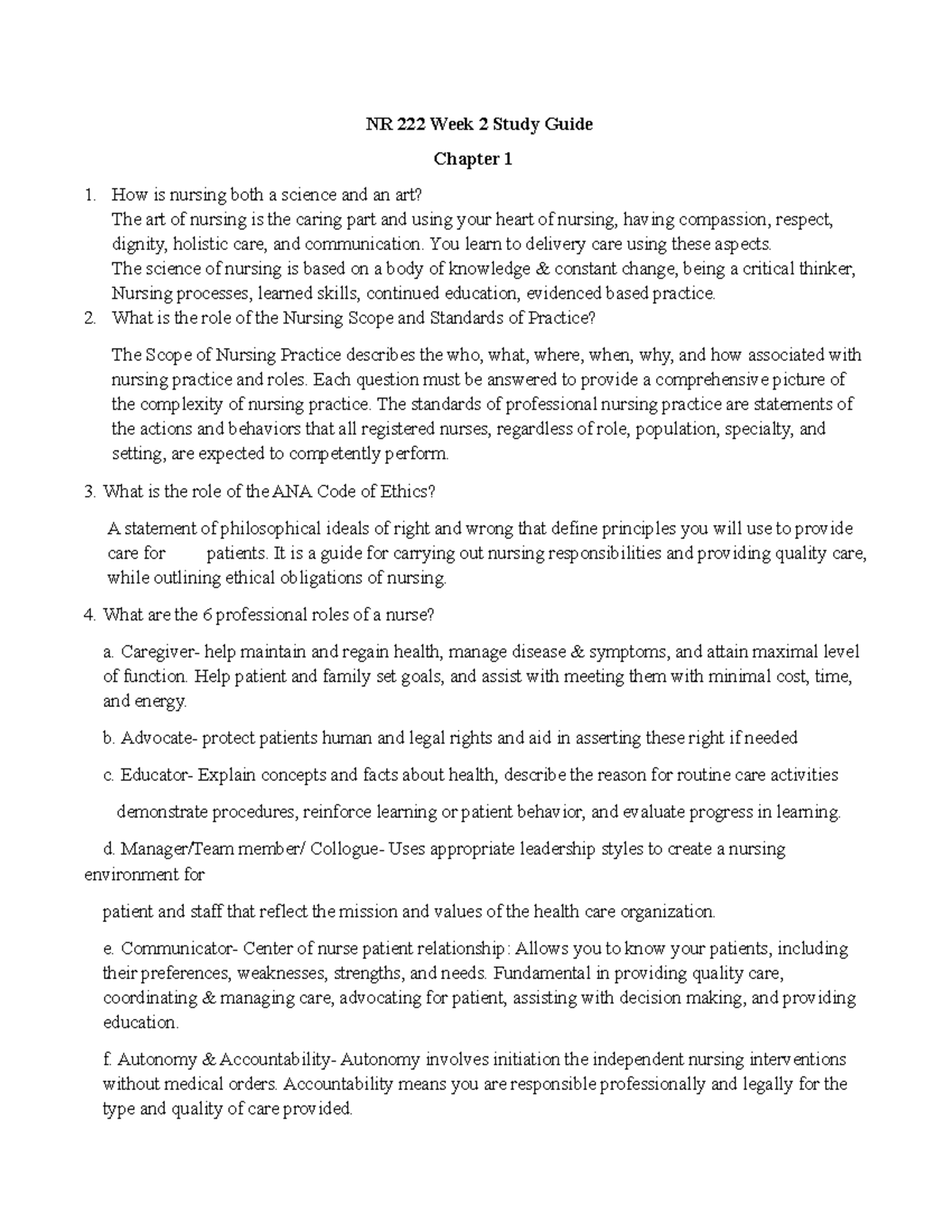 WEEK 2 Study Guide - NR 222 Week 2 Study Guide Chapter 1 How is nursing ...