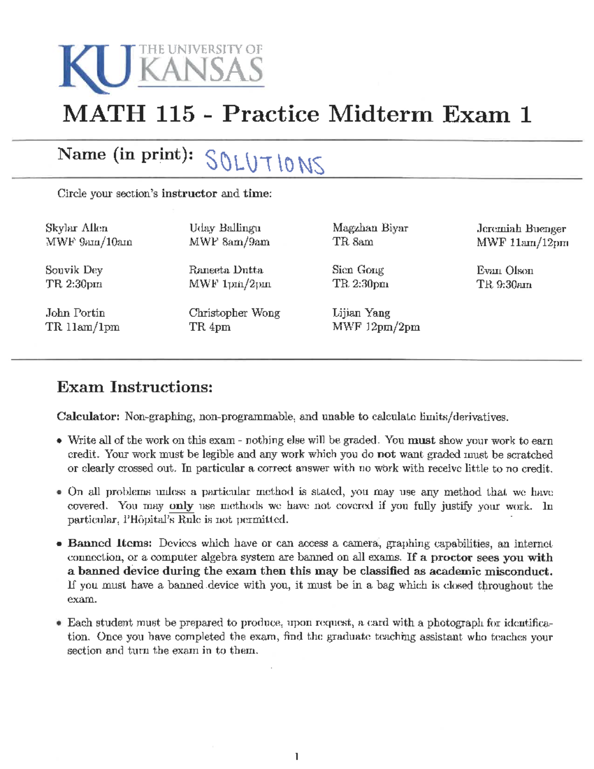 MATH 115 Practice Midterm Exam 1 Solutions and Guidelines - Studocu