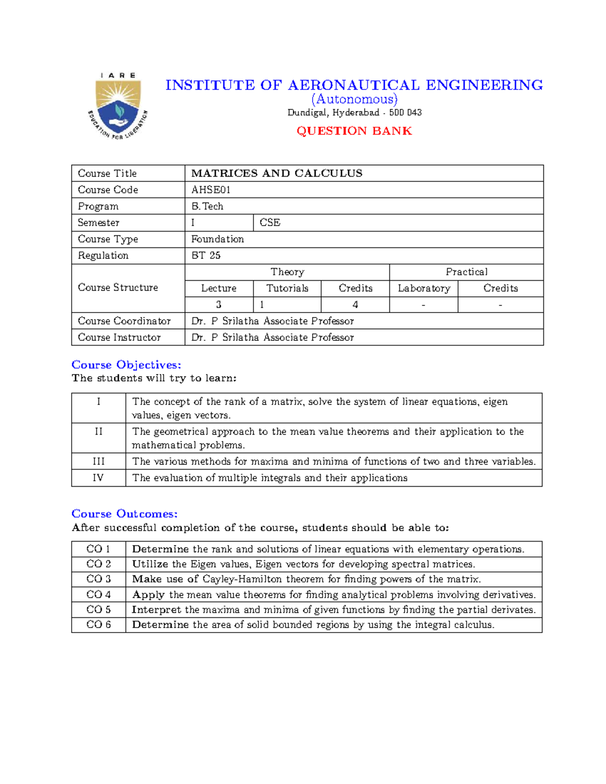 Maths Question Bank - SEM 1 - Matrices & Calculus (AHSE01) - Studocu