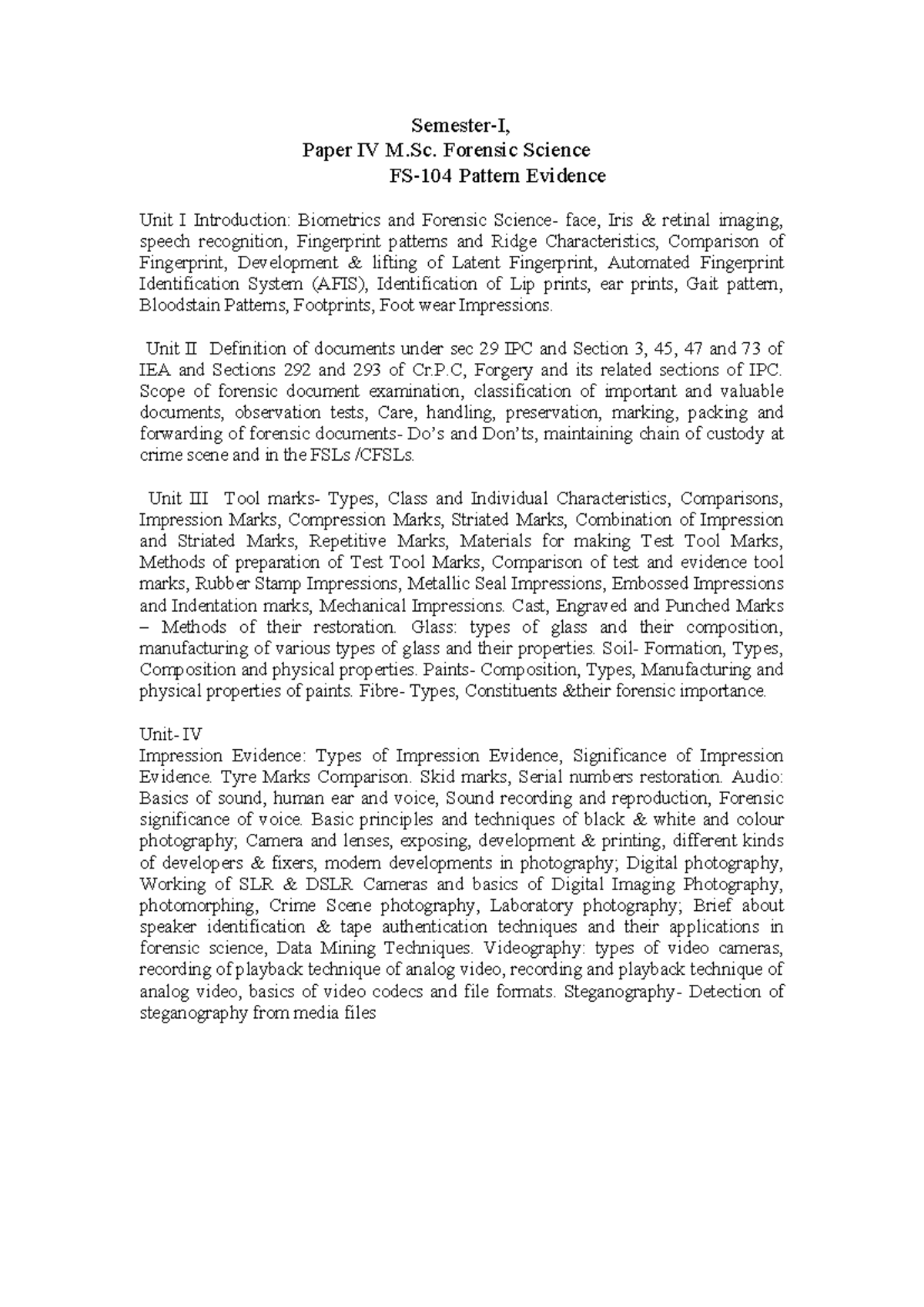 FS-104: Forensic Science Notes on Pattern Evidence and Document ...