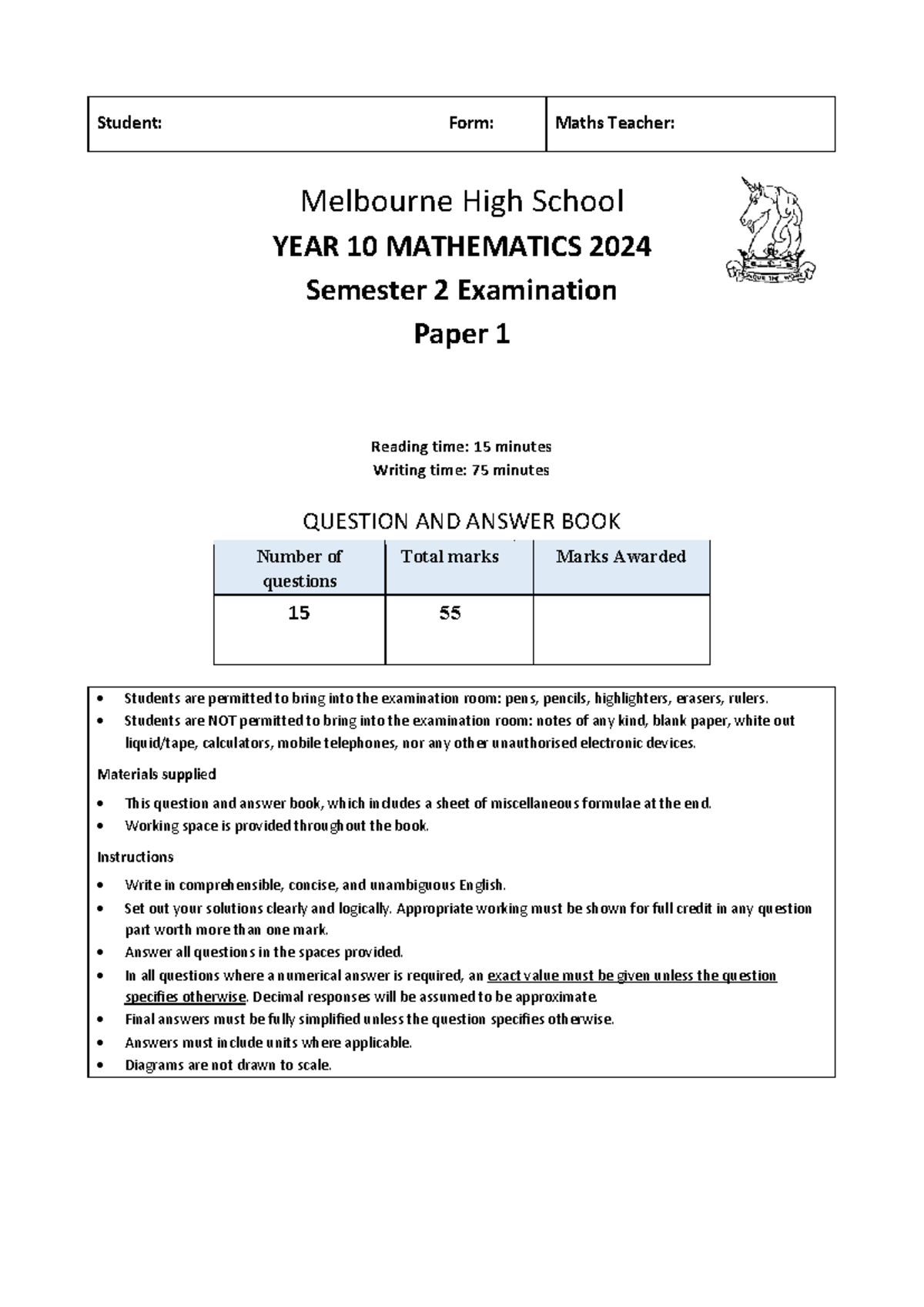 2024 MHS Year 10 Mathematics Semester 2 Exam Paper 1 - Studocu
