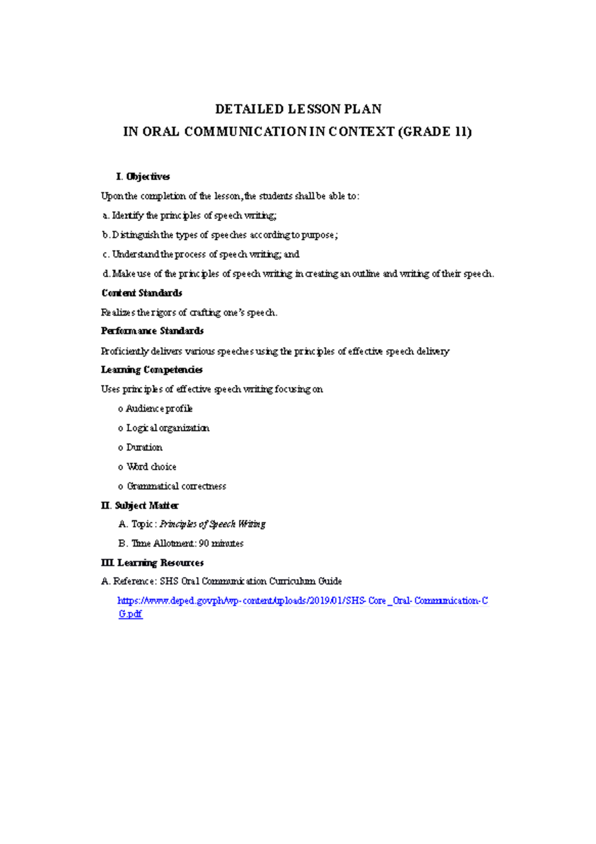 DLP: Detailed Lesson Plan on Speech Writing (Grade 11) - Studocu