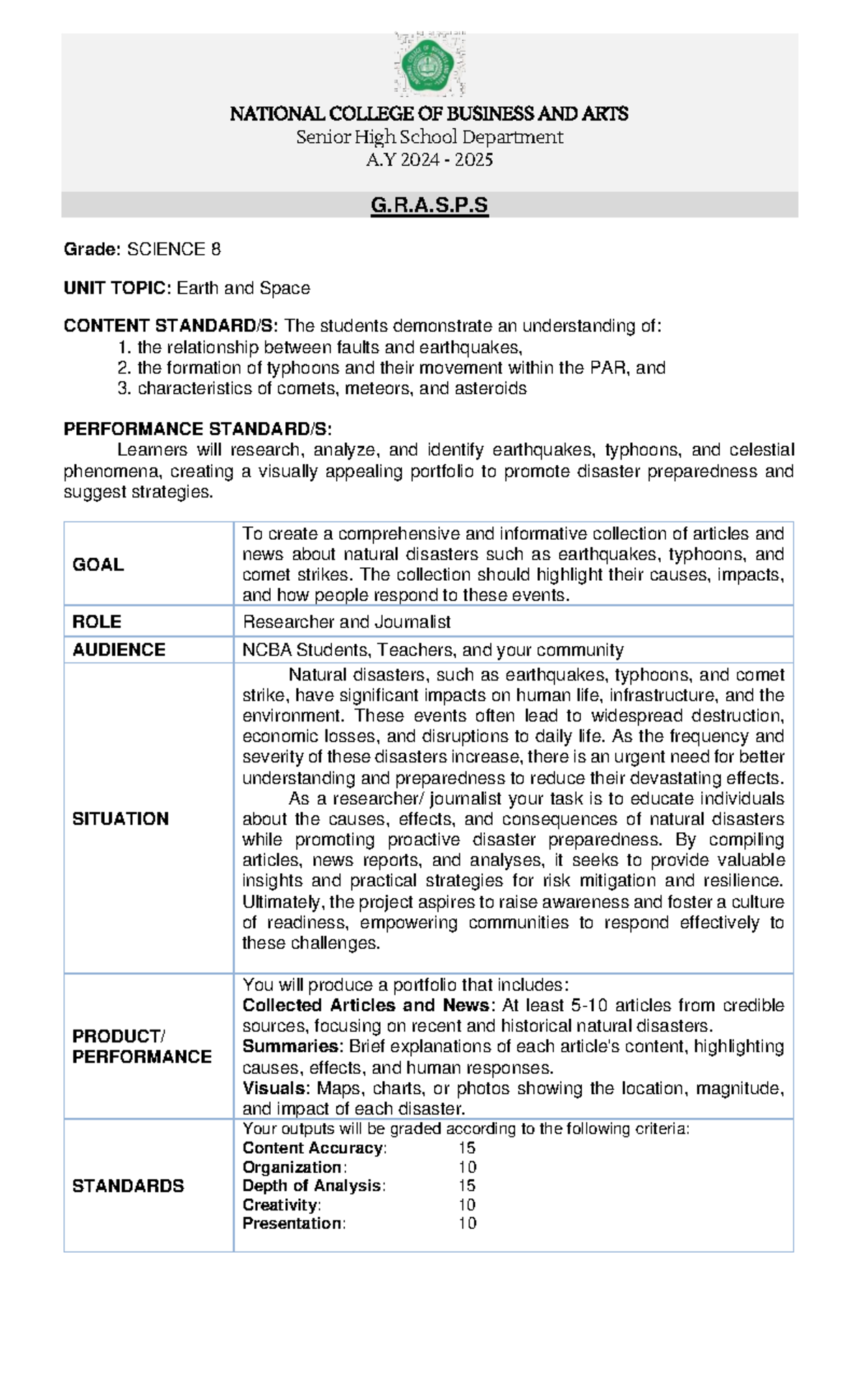 G.R.A.S.P.S Science 8 - NATIONAL COLLEGE OF BUSINESS AND ARTS Senior ...