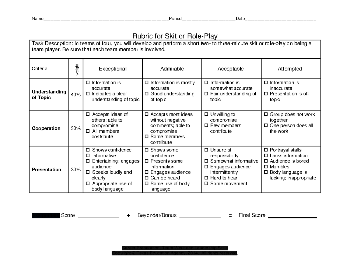 Rubric for Skit or Role Play1 - - Studocu