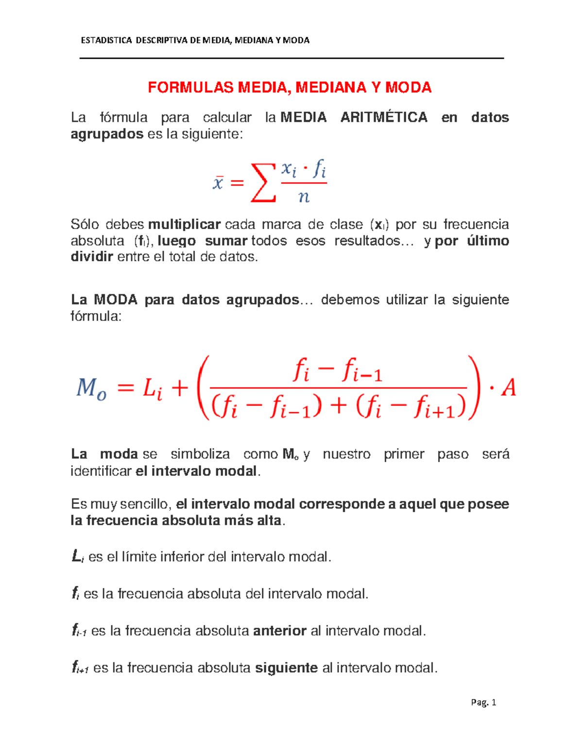 Formulas de Media, Mediana y Moda en Estadística Descriptiva - Studocu