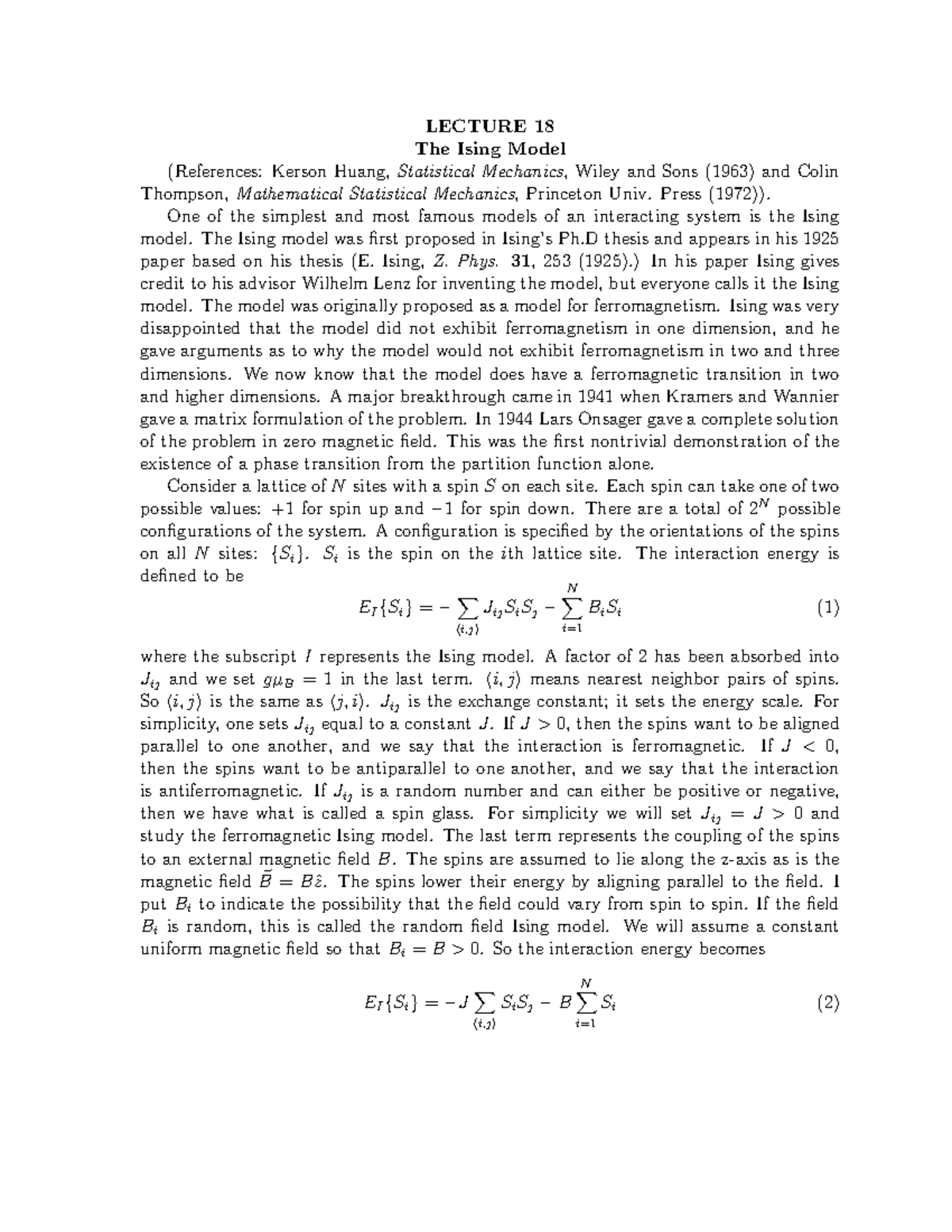 Ising Model Overview: Lecture 18 Notes on Statistical Mechanics - Studocu