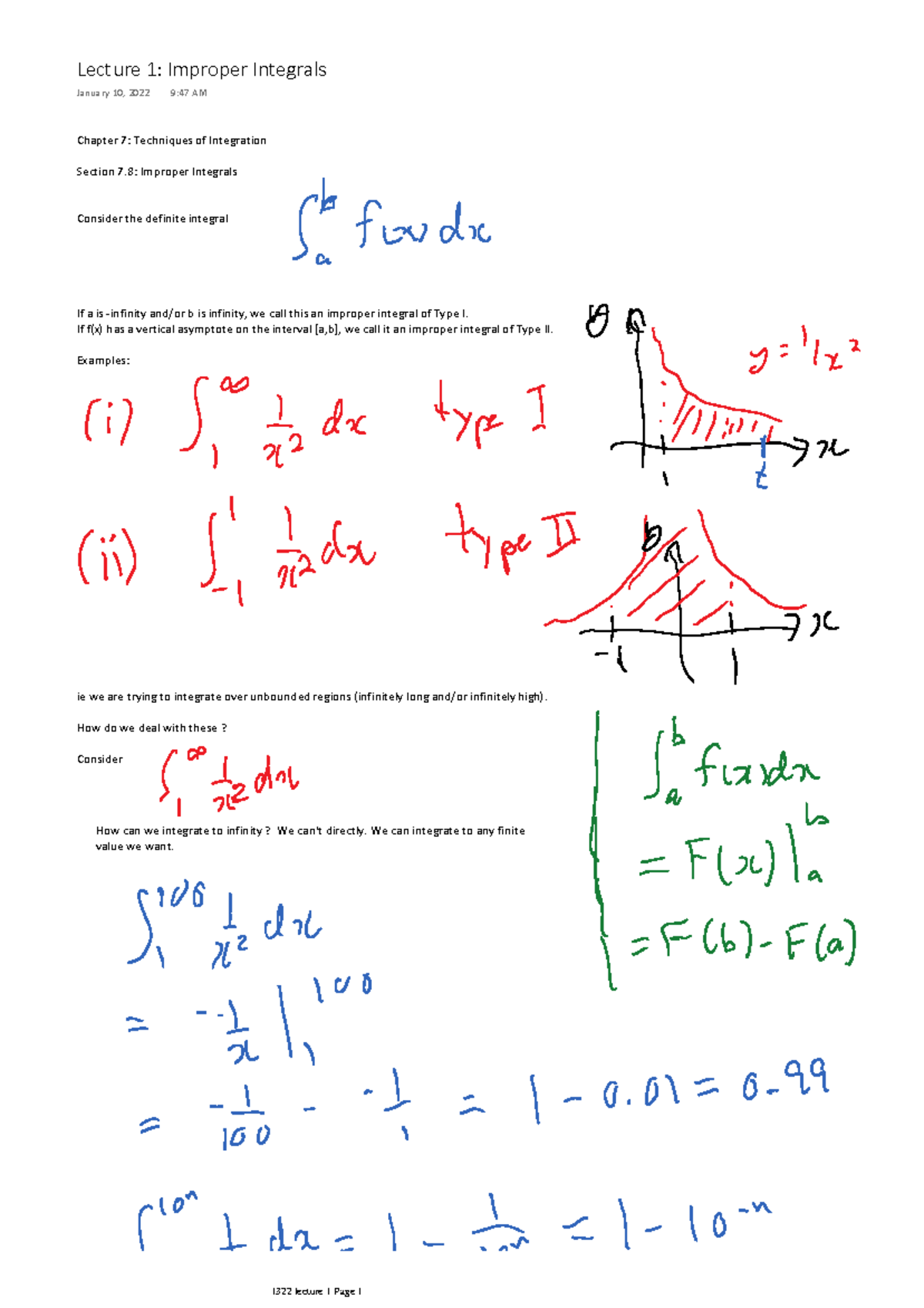 Lecture 1 Monday January 10th - Chapter 7: Techniques of Integration ...