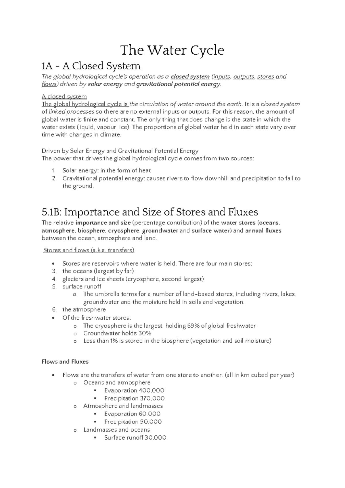 Edexcel A-Level Water Cycle Notes: Key Processes and Human Impact - Studocu
