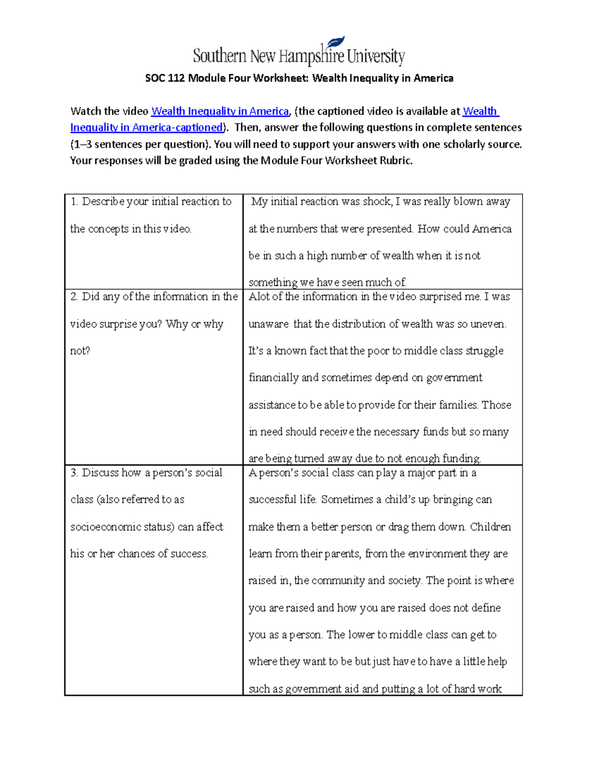 SOC 112 Module 4 Worksheet: Insights on Wealth Inequality - Studocu