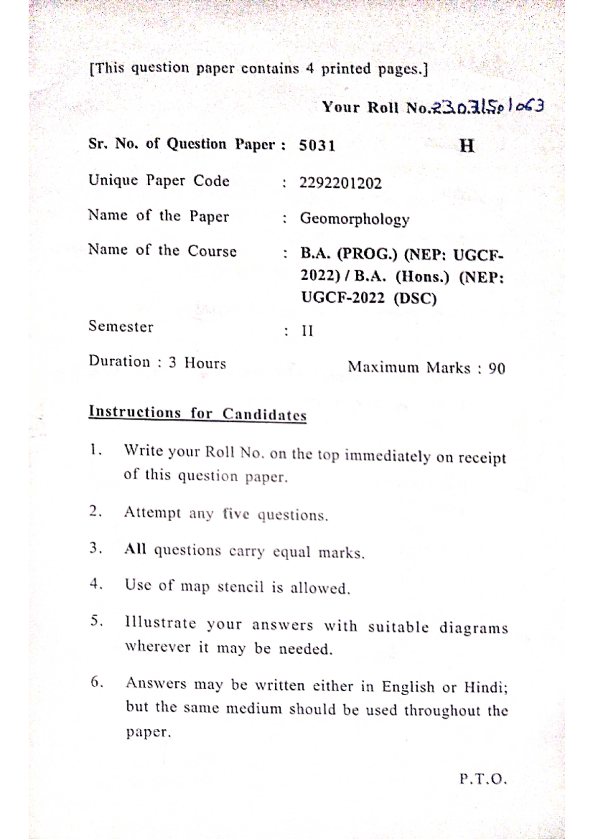 PYQ 2023: Geomorphology B. (PROG.) NEP II Sem Question Paper Insights ...