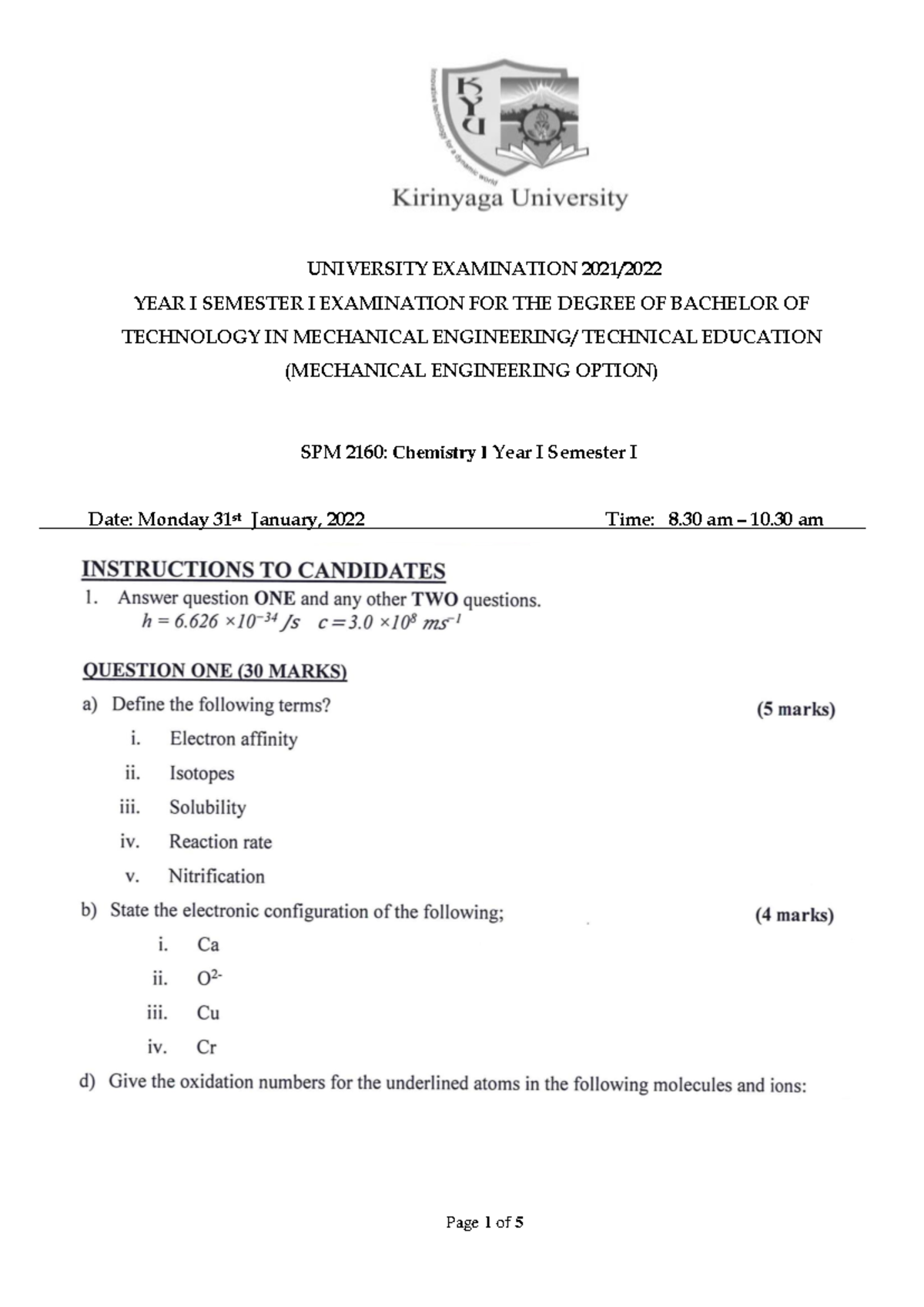 SPM 2160 Chemistry I Year I Semester I - Bed science - UNIVERSITY ...