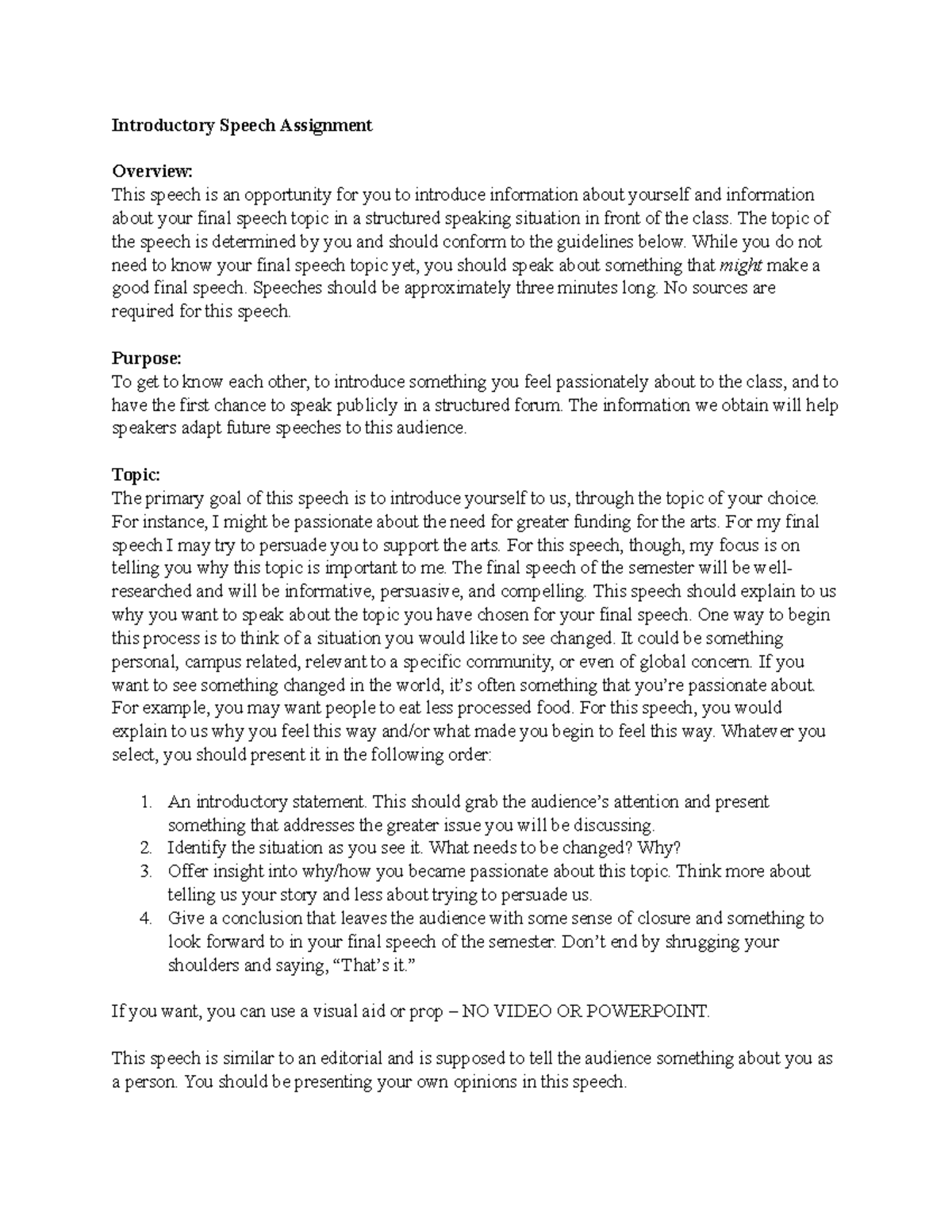 Introductory Speech Assignment Overview for Comm 101 - Studocu