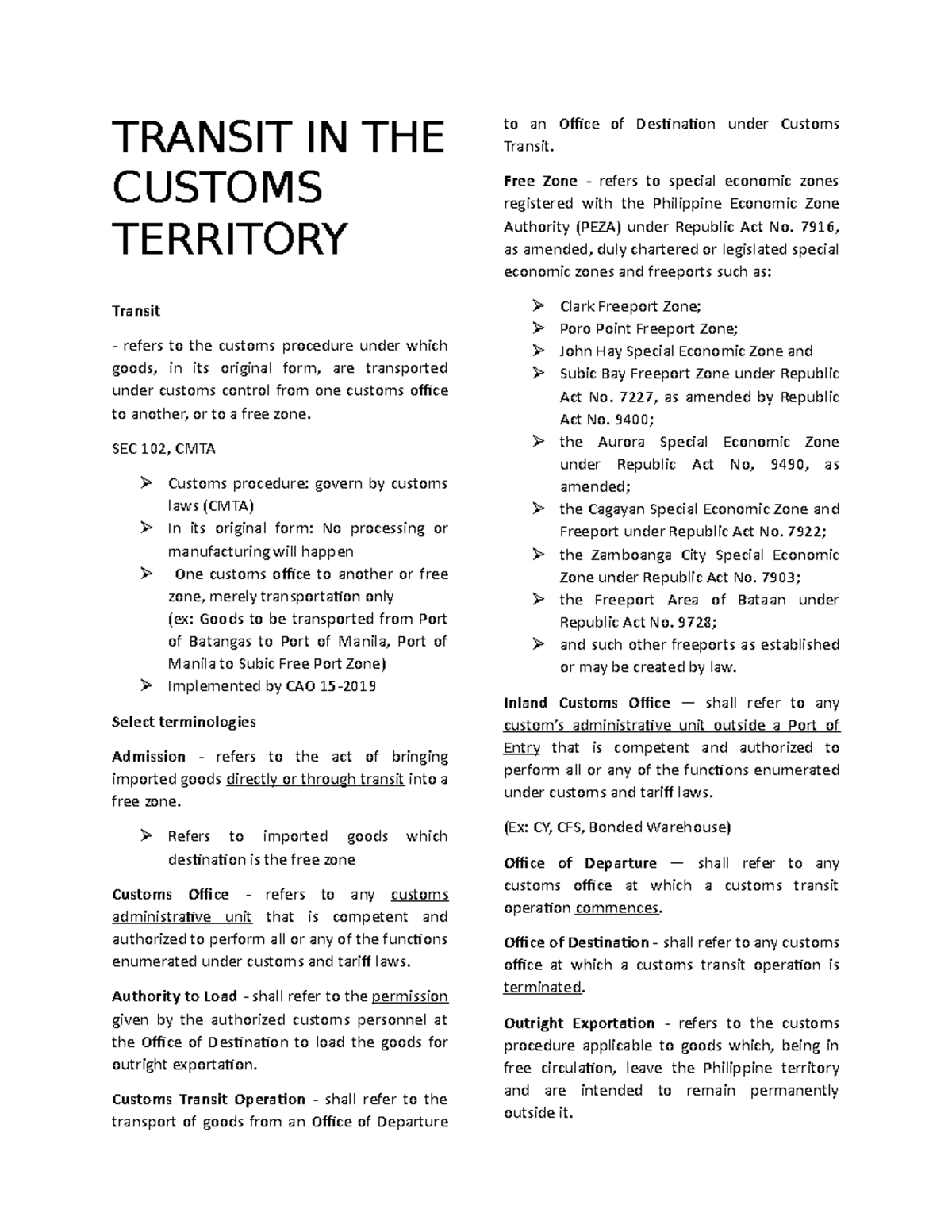 Customs Transit Procedures and Regulations in the Customs Territory ...