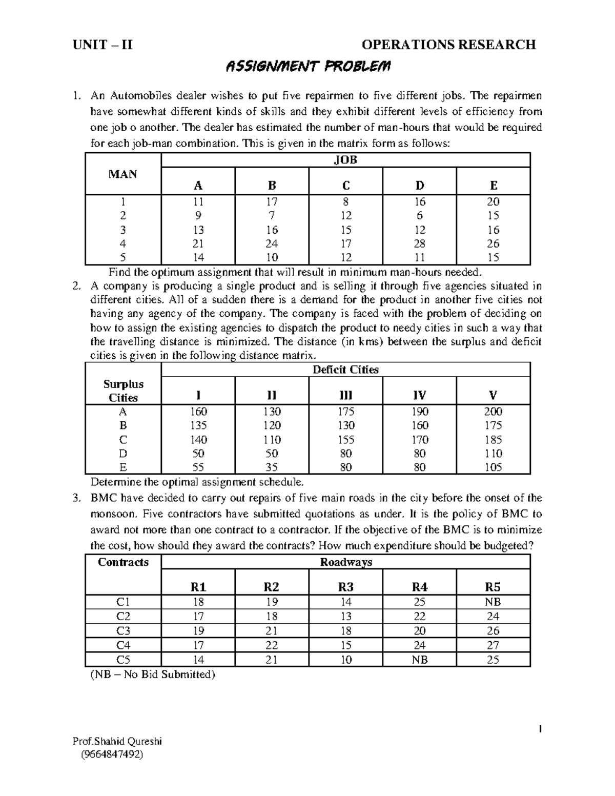 Assignment Problem Operation Research Assignment Problem 1 Prof Qureshi An Automobiles