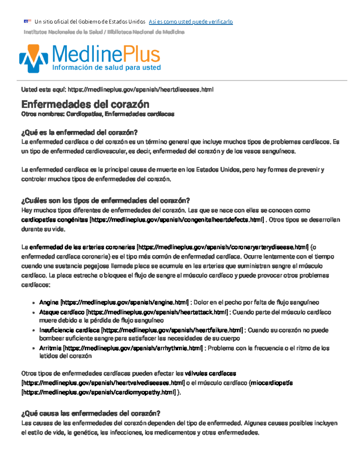 Enfermedades del Corazón: Información y Prevención - Medline Plus - Studocu