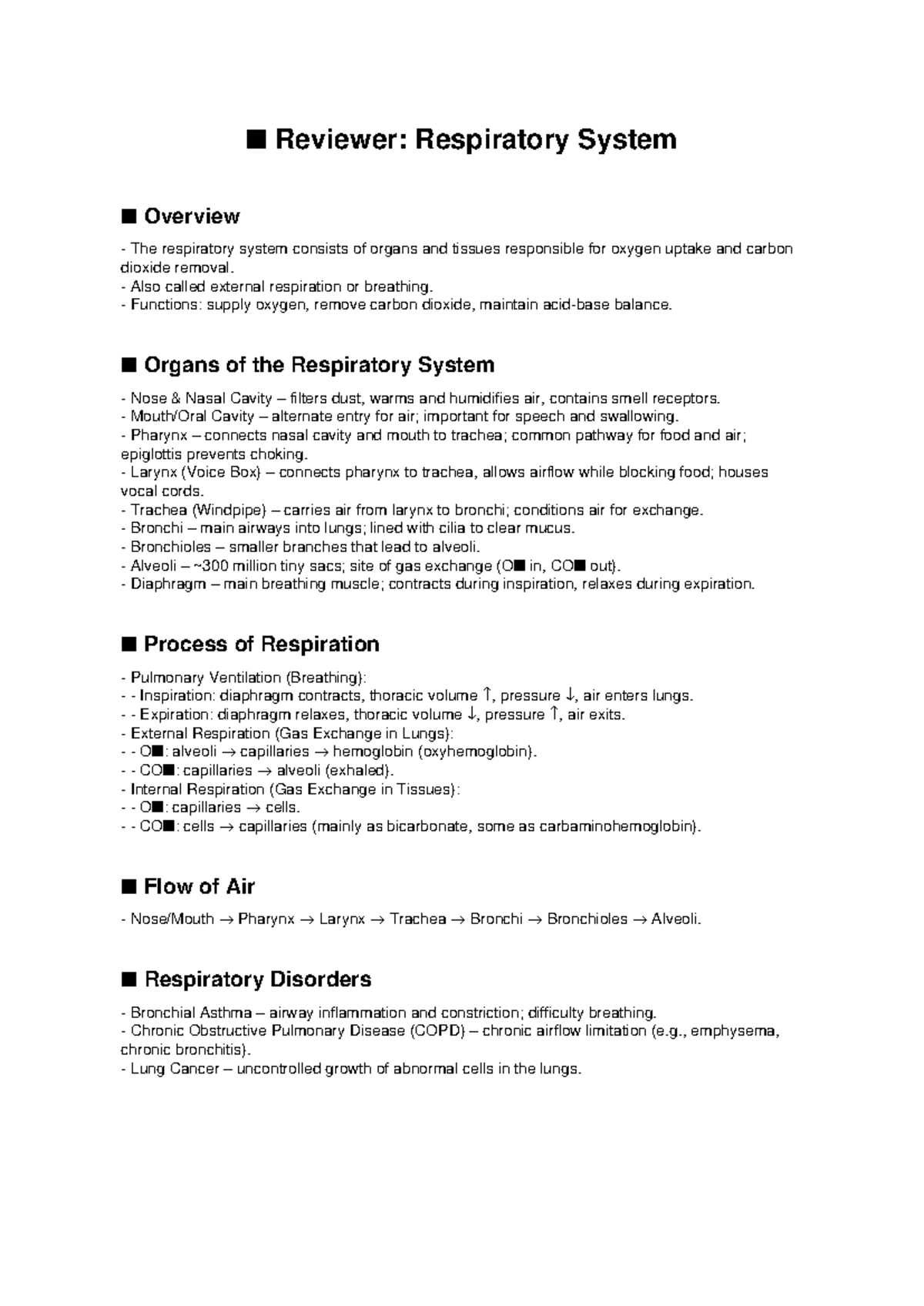 Respiratory System Overview: Key Functions & Disorders Review - Studocu