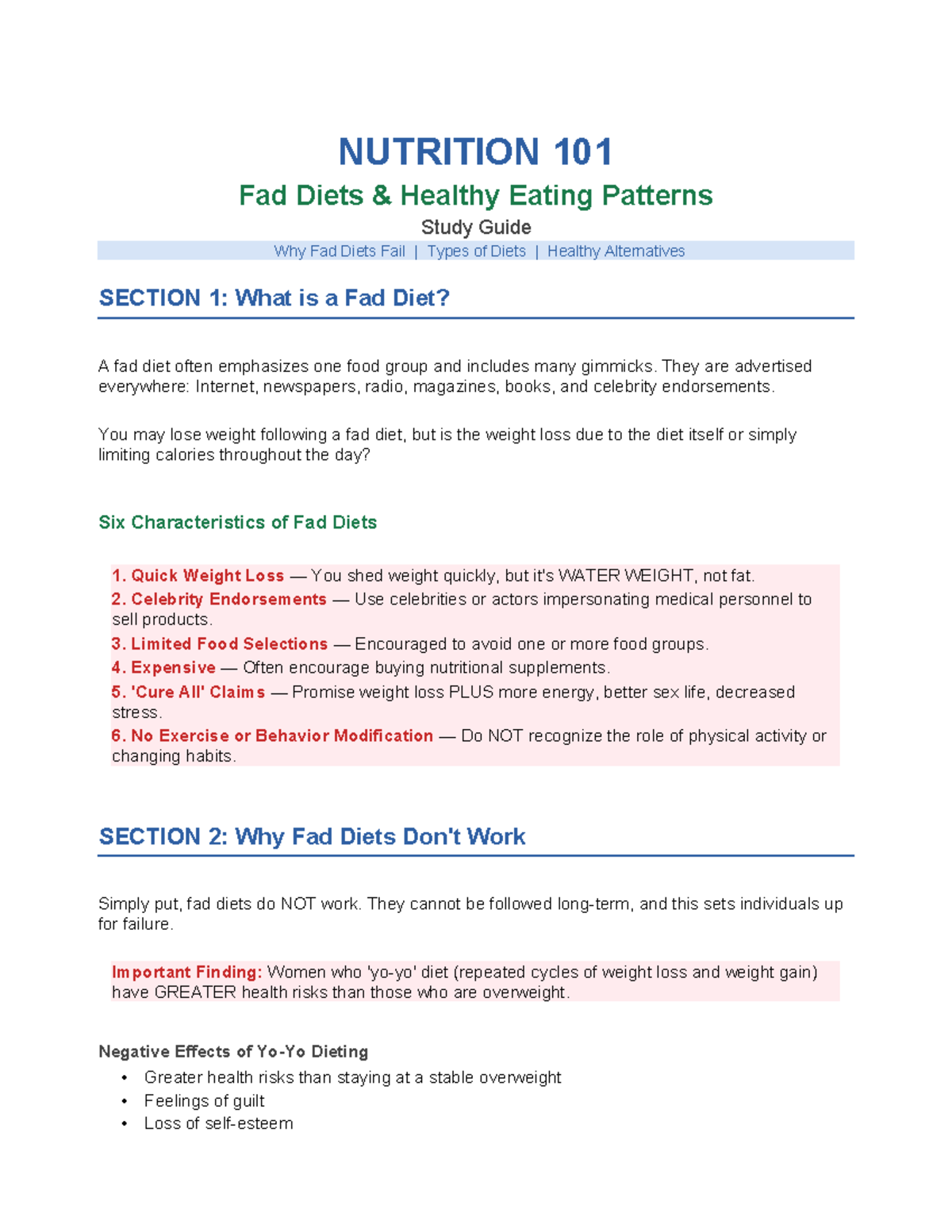 NUTRITION 101 Exam 3 Study Guide: Fad Diets & Healthy Eating - Studocu