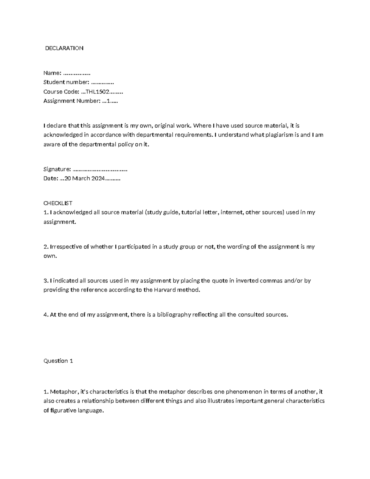 THL1502 Assignment 1: Understanding Metaphor & Poetic Language ...