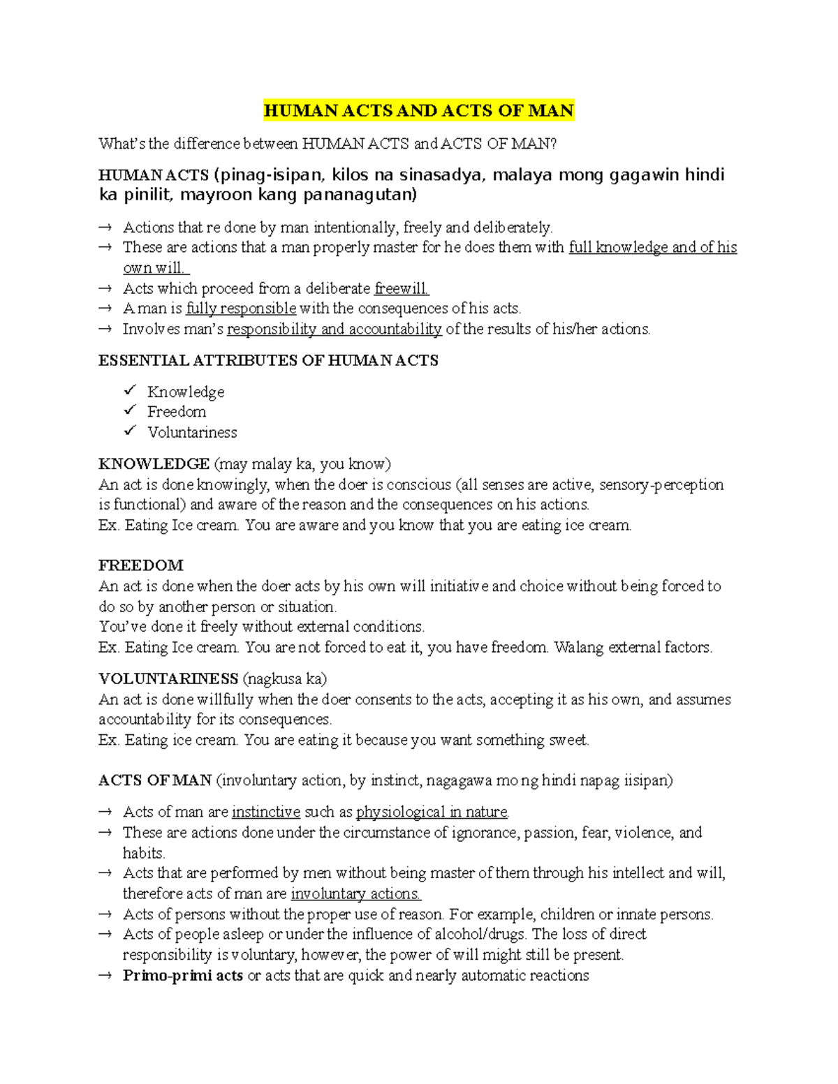 Ethics - Human Act - HUMAN ACTS AND ACTS OF MAN the difference between ...