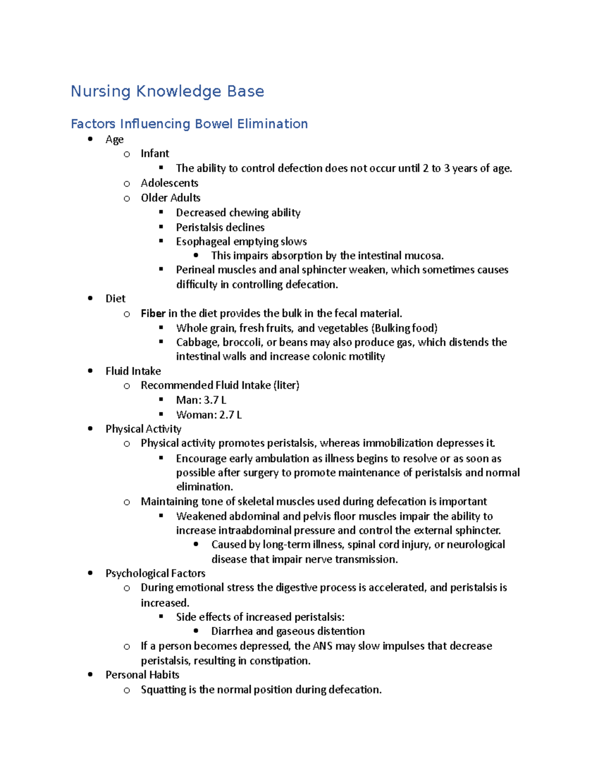 Chapter 47: Bowel Elimination Factors and Nursing Considerations - Studocu