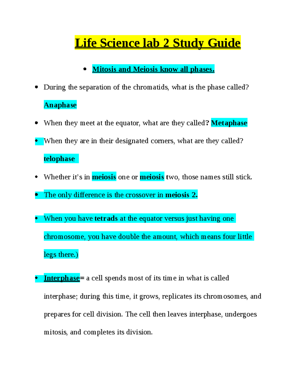 Life Science Lab 2 Study Guide: Mitosis, Meiosis & DNA Techniques - Studocu