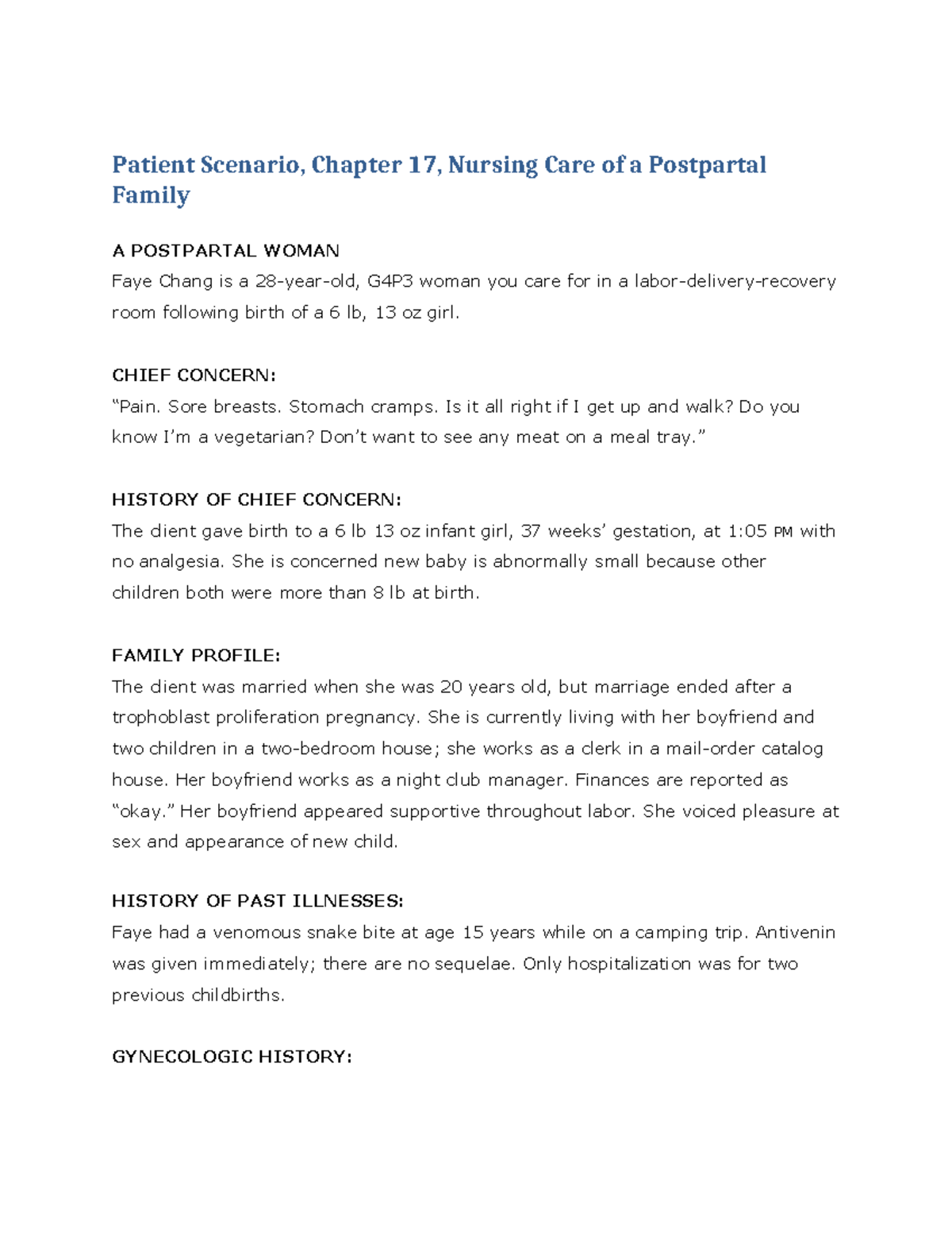 Patient Scenario - Nursing Care in Chapter 17: Postpartal Woman - Studocu