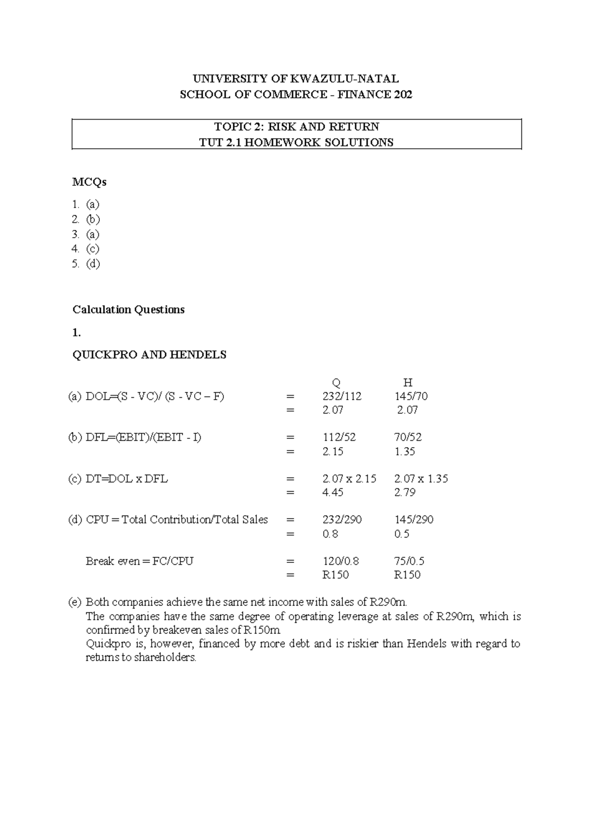 FINA202 Topic 2: Risk and Return Tut 2.1 Homework Solutions - Studocu