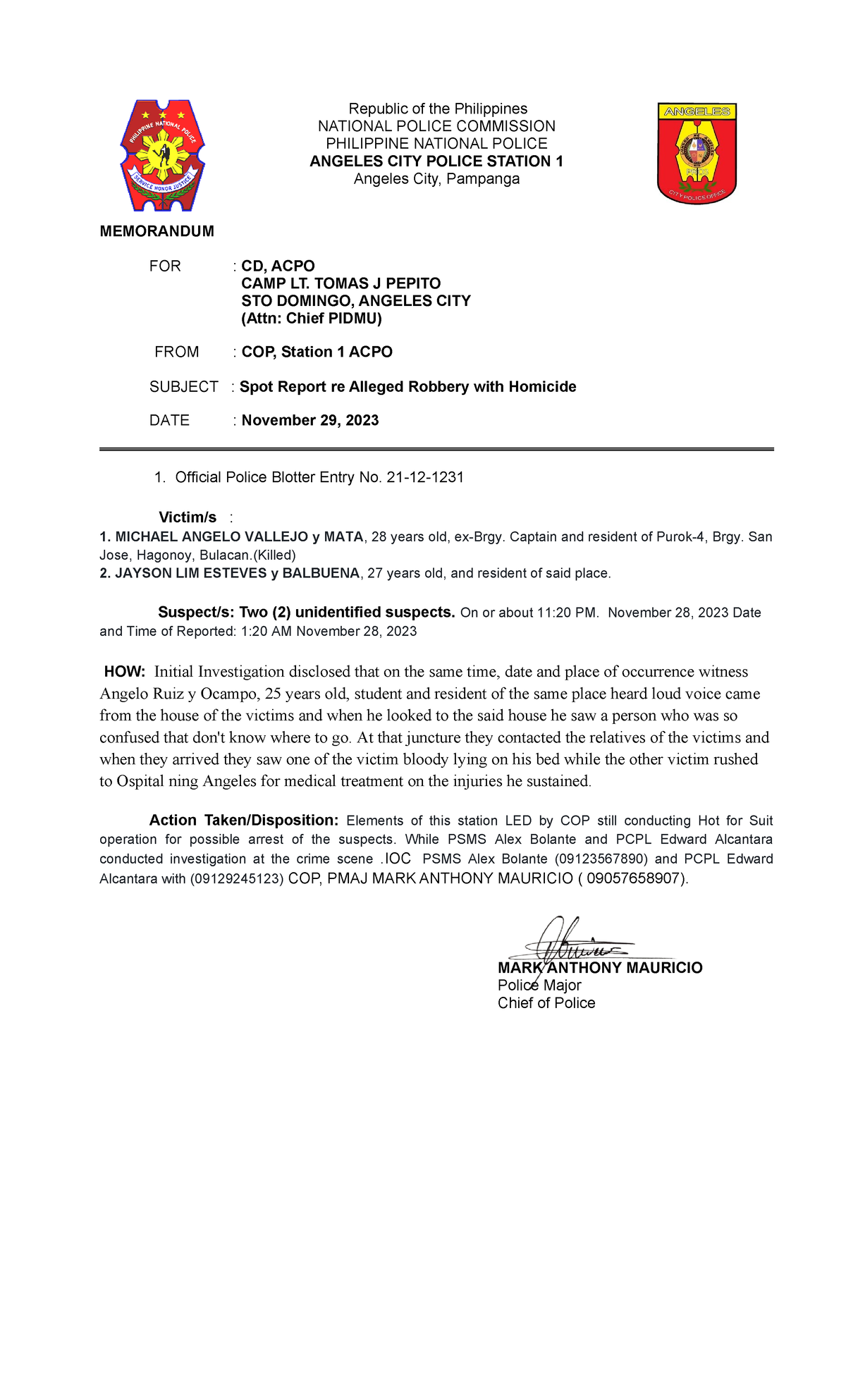 SPOT Report: Alleged Robbery with Homicide (ACPO) - Nov 29, 2023 - Studocu