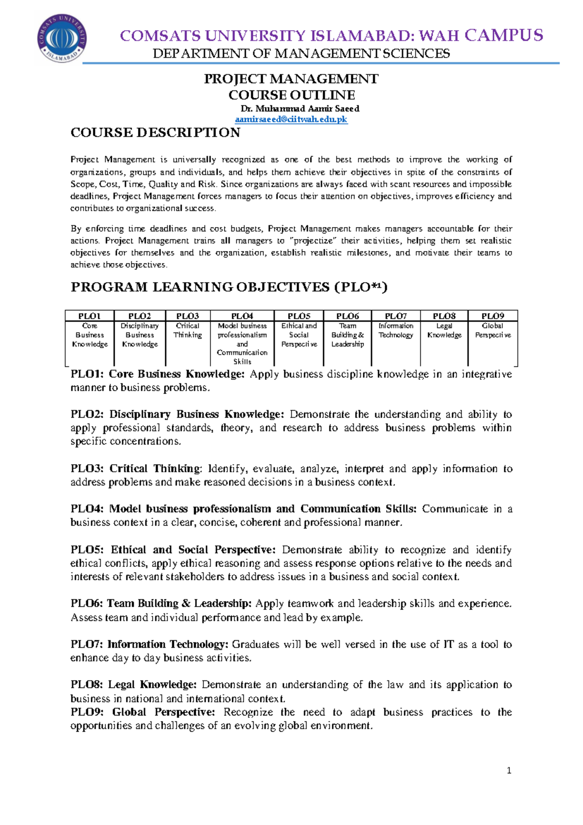 COMSATS University Islamabad: Project Management Course Outline - Studocu