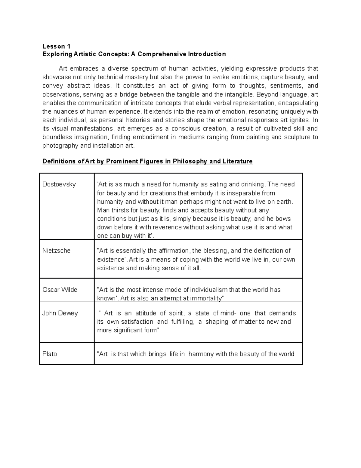 Lesson 1: A Comprehensive Introduction to Artistic Concepts - Studocu