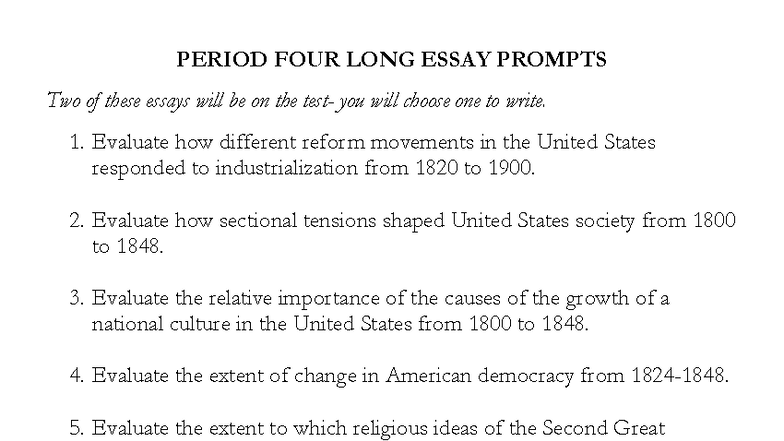 Period 4 Long Essay Prompts (2025) on U.S. Reform Movements - Studocu