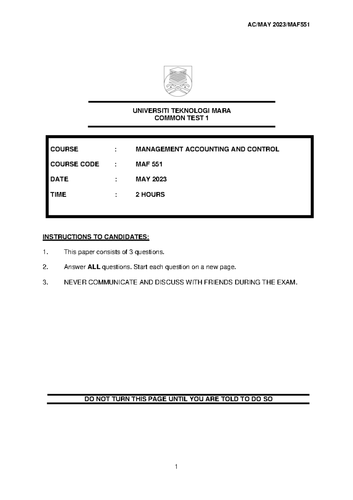 Test 1 - MAF 551: Management accounting and control exam paper - Studocu