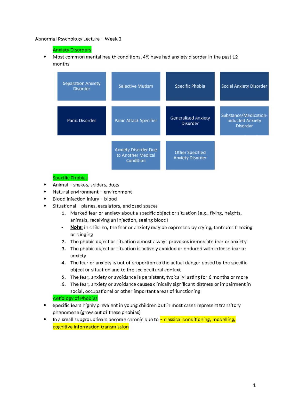 Abnormal Psychology Lecture Notes – Week 3: Anxiety Disorders and ...