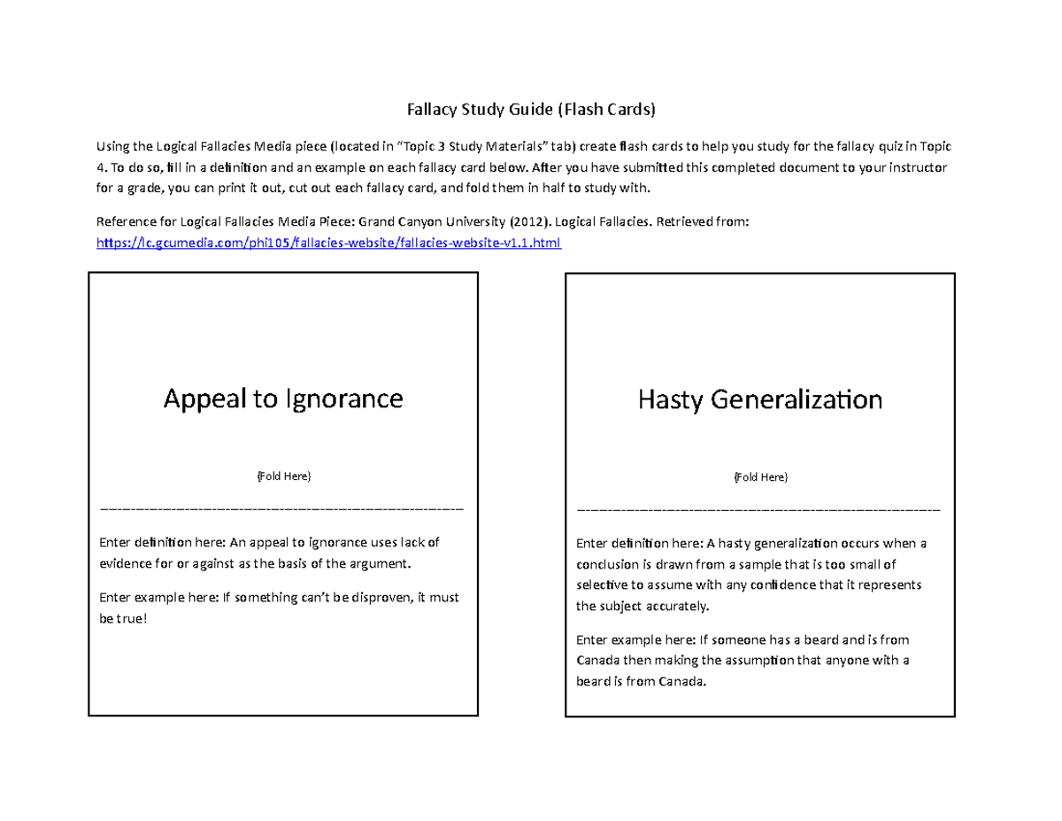 PHI105 - Flash Card Study Guide for Logical Fallacies - Studocu