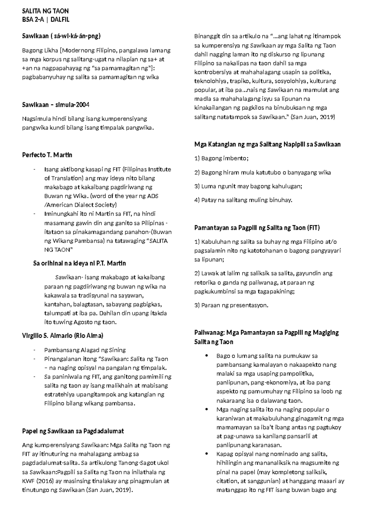 Sawikaan - lecture notes - SALITA NG TAON BSA 2-A | DALFIL Sawikaan ...