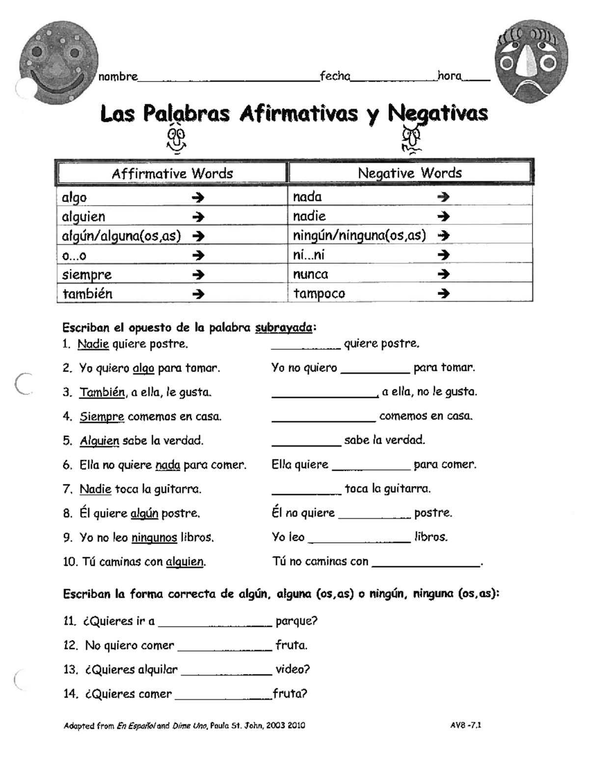 Affirmative and negative words - m nombre fecha hora Las Palabras ...