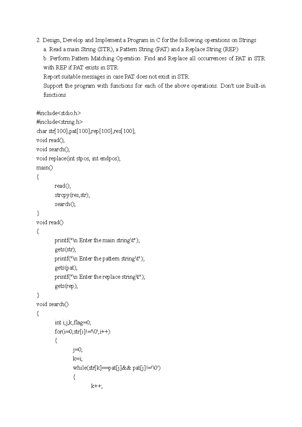 2DS - C Program for String Pattern Matching and Replacement - Studocu