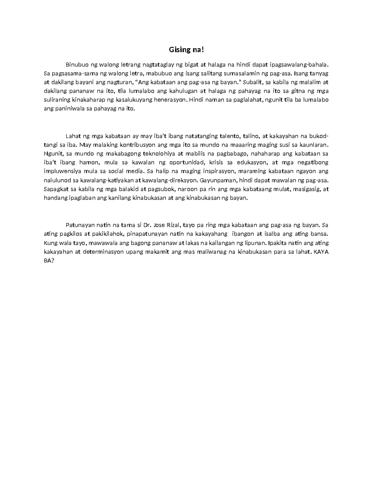 Gising na! Talumpati tungkol sa kabataan at ang hinaharap - Studocu