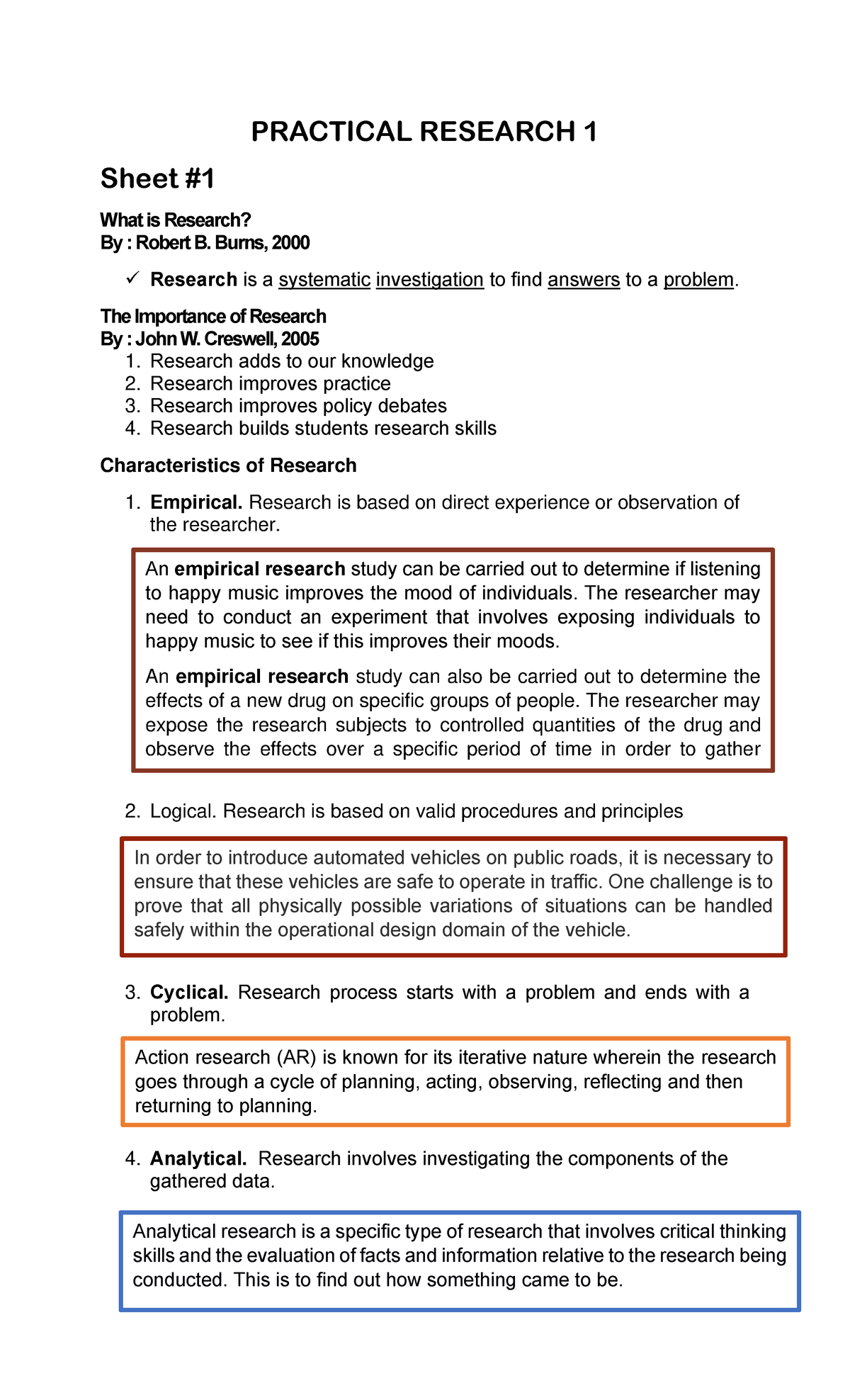 PR1 Handout #1 - PRACTICAL RESEARCH 1 Sheet What is Research? By : Robert B. Burns, 2000 ...