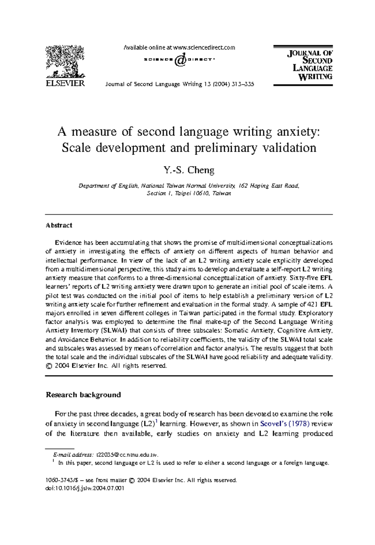 SLWAI: Development and Validation of a Second Language Writing Anxiety ...