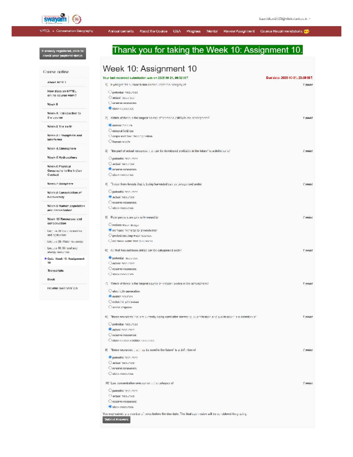 NPTEL Conservation Geography Week 10 Assignment Overview - Studocu