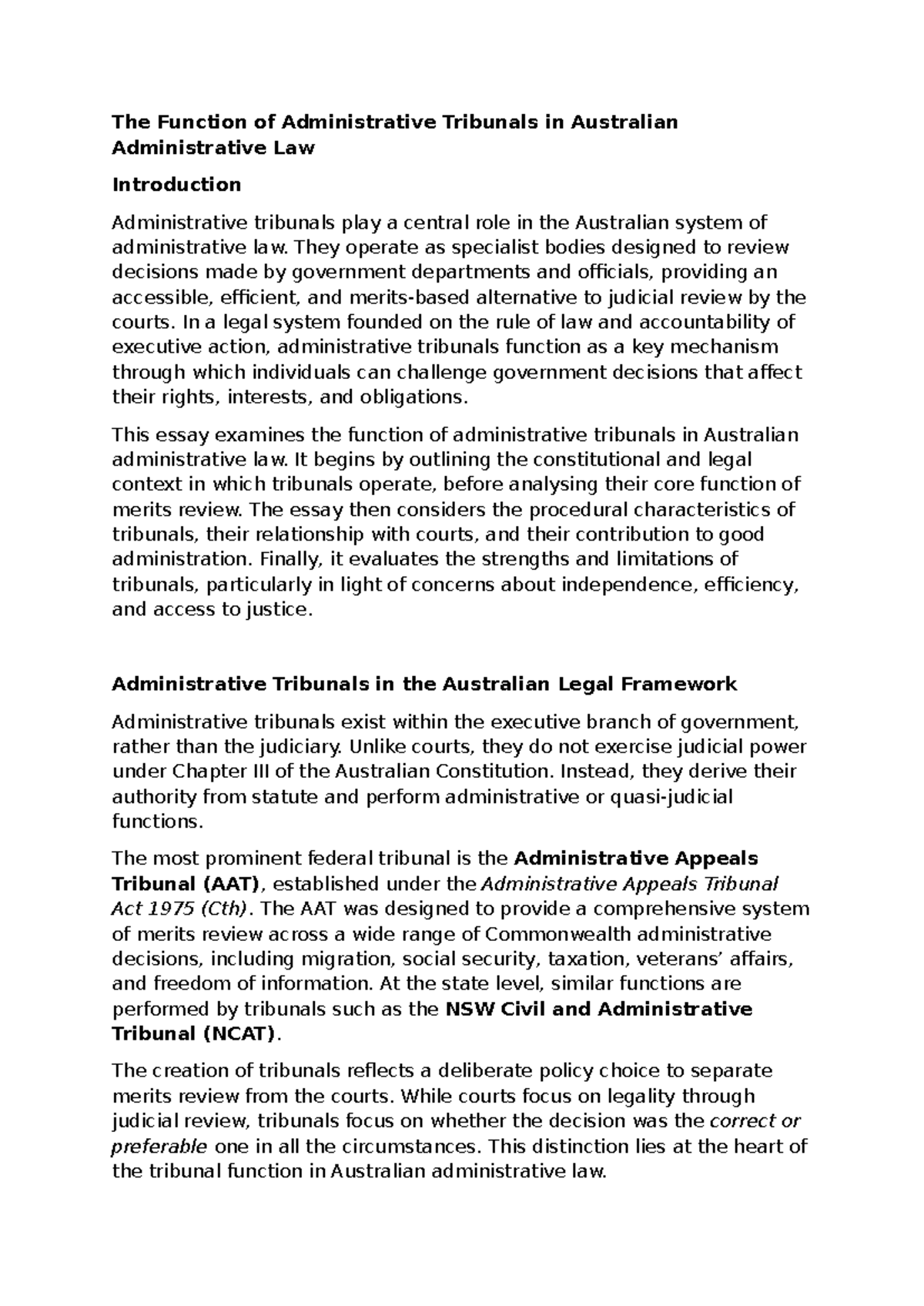The Role of Administrative Tribunals in Australian Law: An Essay - Studocu