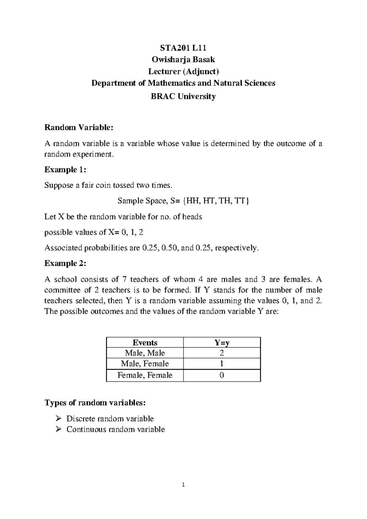 STA201 L11 - Lecture Notes on Random Variables and Probability ...