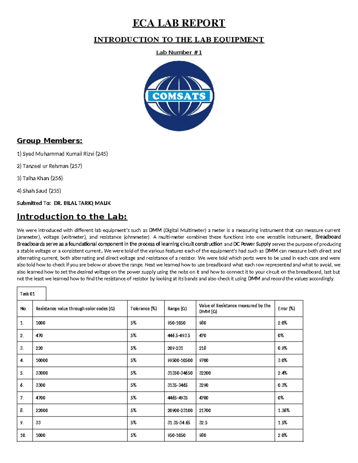 ECA 245 Lab Report #1: Introduction to Lab Equipment & Tasks - Studocu