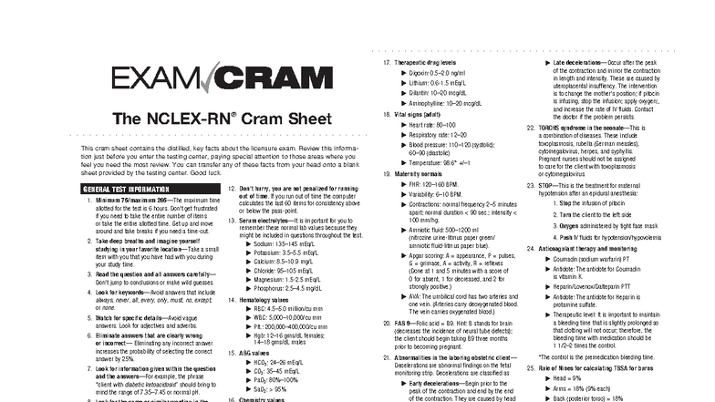 Nursing Licensure Exam Cram Sheet: Key Drug Levels & Vital Signs - Studocu