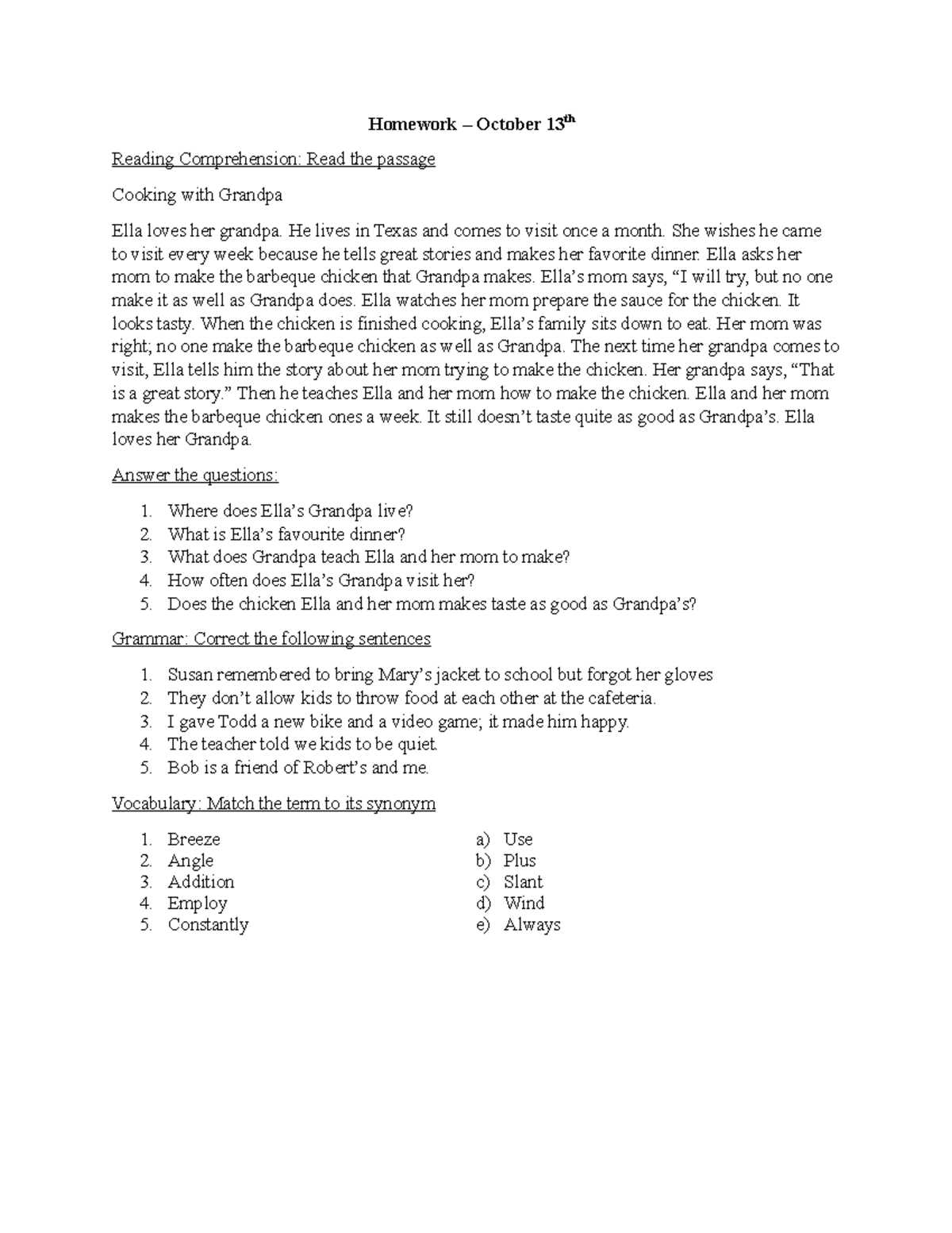 Homework October 13th - Homework – October 13th Reading Comprehension ...